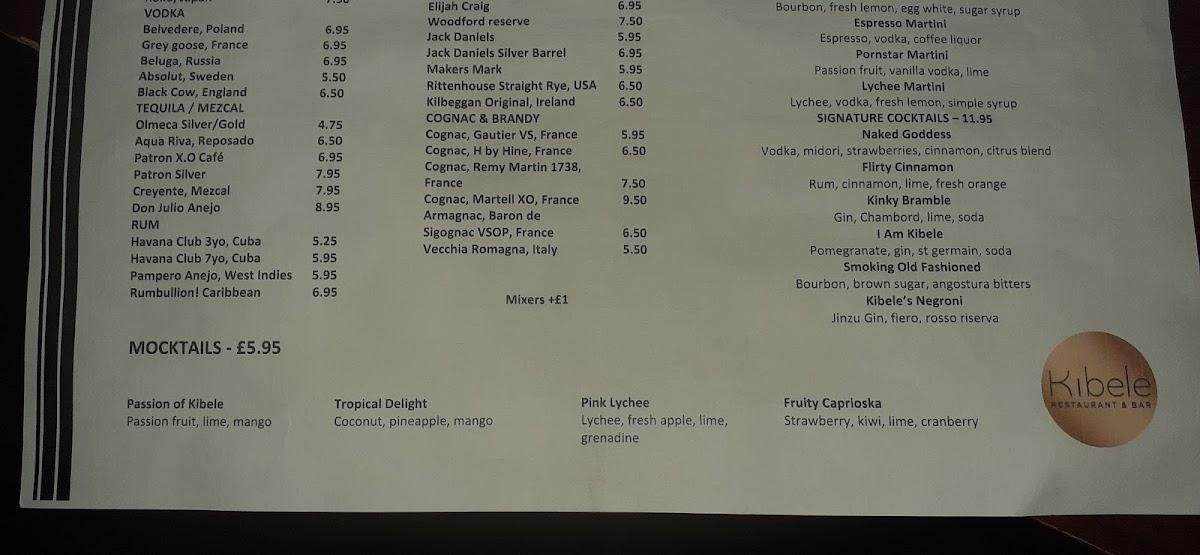 Menu at Kibele Restaurant, London