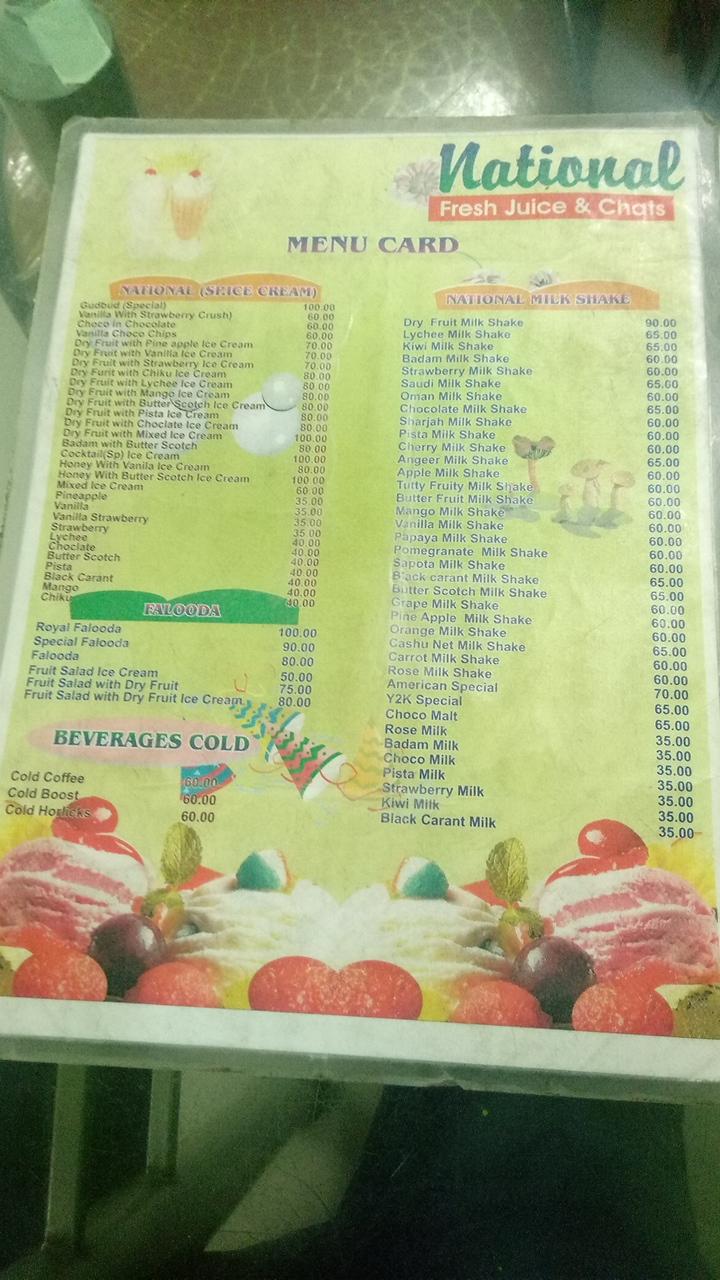 Menu at National Juice World. Shakes, Icecream, Chat & Snacks, Hosur