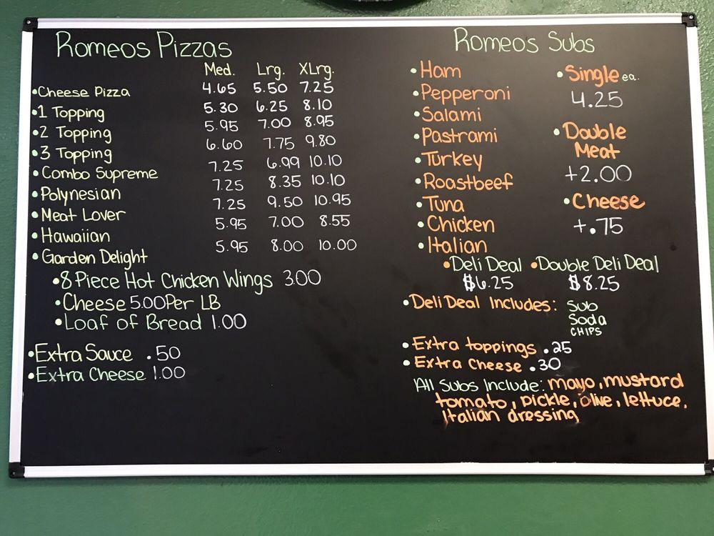 Menu at Romeo's Pizza pizzeria, Madera