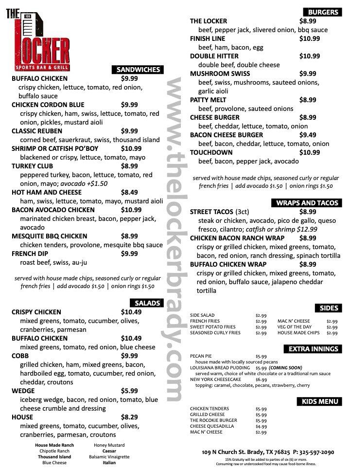 Menu at The Locker Sports Bar & Grill, Brady