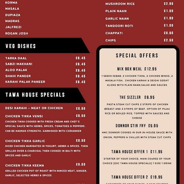 Menu at The Tawa House restaurant, Dewsbury