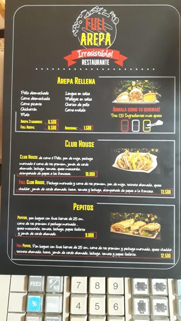 Menu at full arepa restaurant, Tunja