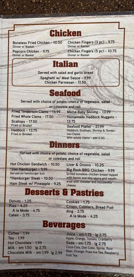 Menu at Al's Diner restaurant, Mars Hill