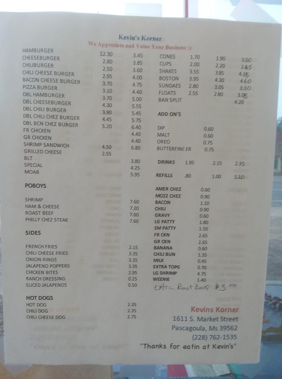 Menu at Kevin's Korner restaurant, Pascagoula