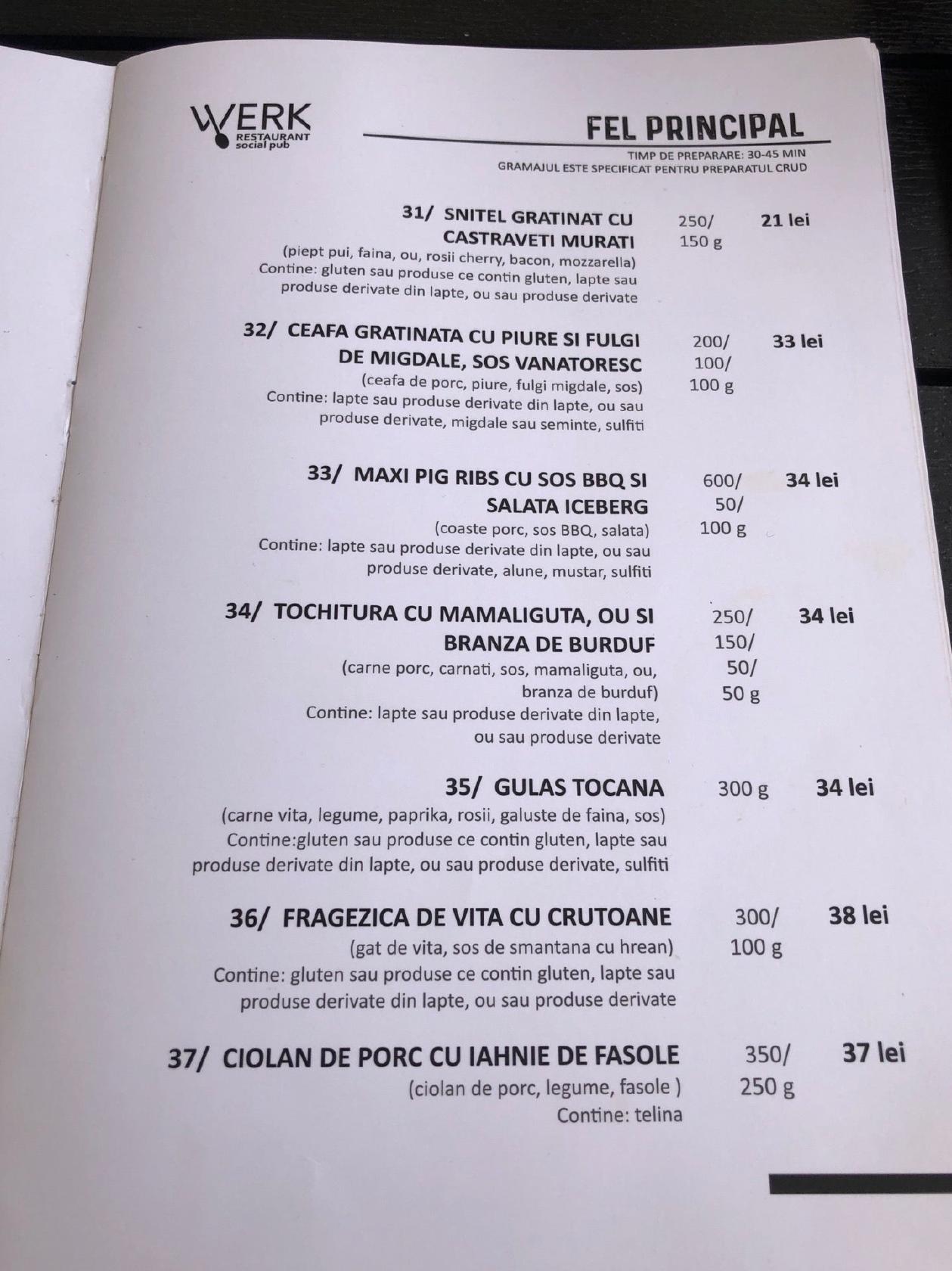 Menu at Restaurant Werk Hunedoara, Hunedoara