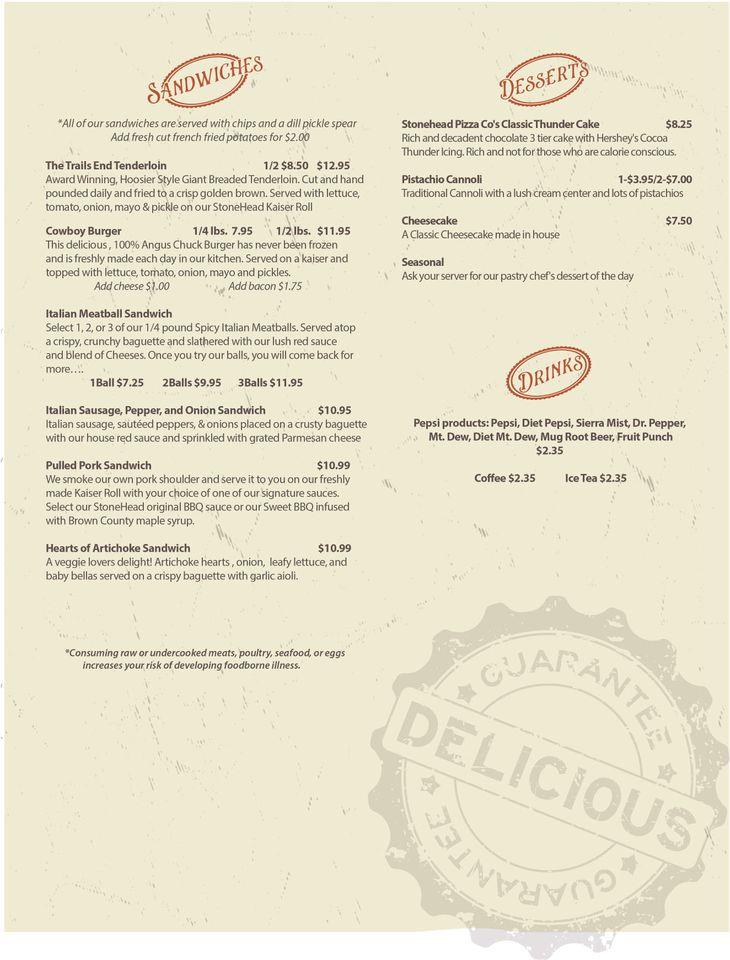 Menu at Trails End Roadhouse & StoneHead Pizza Co. pub & bar, USA, IN-135