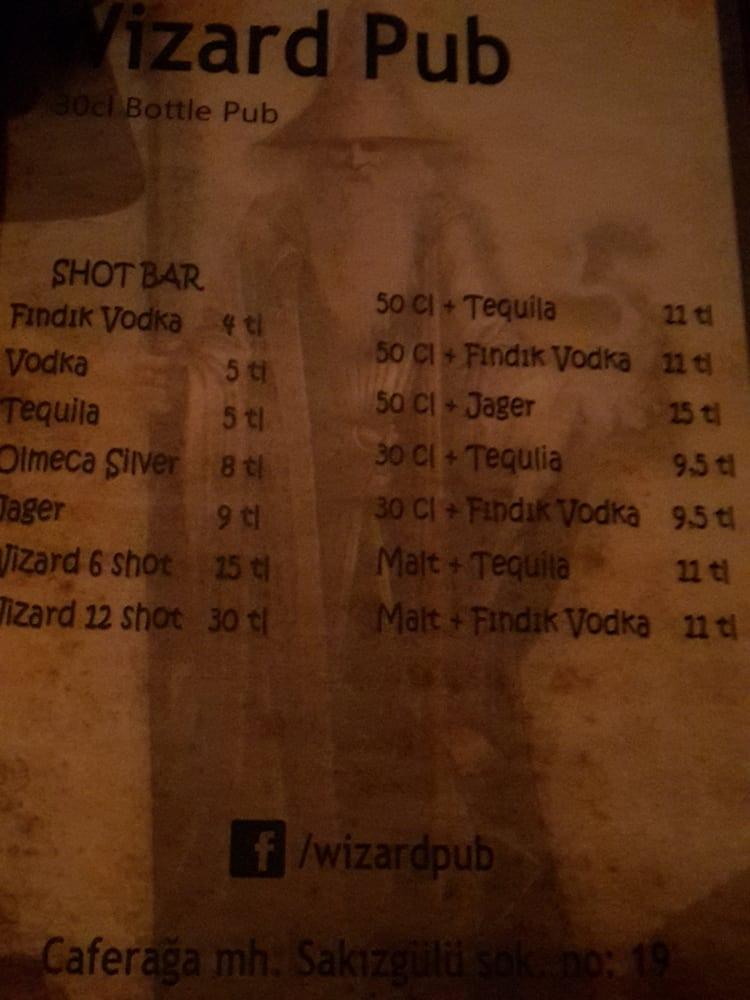 Menu at Wizard Pub, Istanbul, Sakız Gülü Sk. No:19