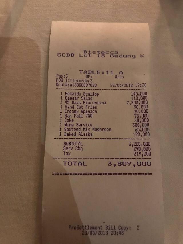 Menu at BISTECCA steakhouse, Jakarta