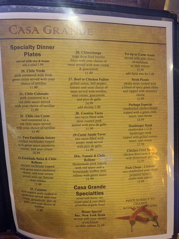 Menu at Casa Grande Restaurant, Visalia, W Whitendale Ave