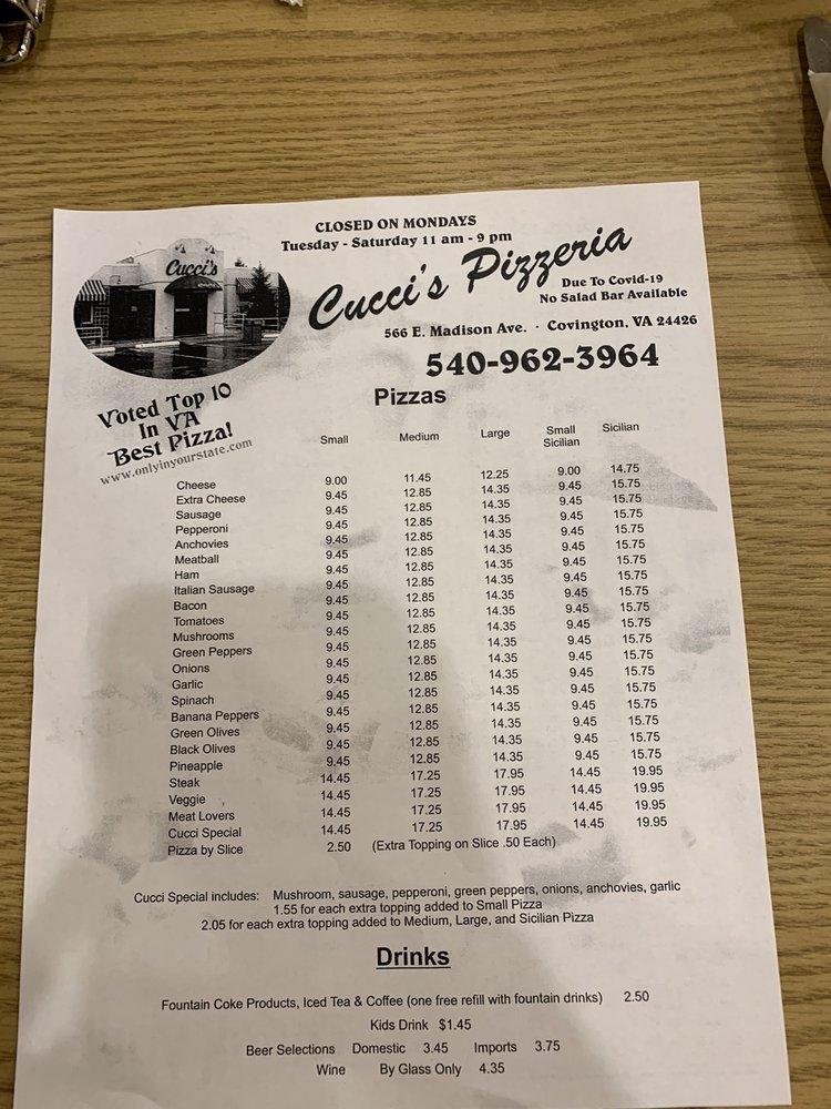 Menu at Cucci's Pizzeria, Covington