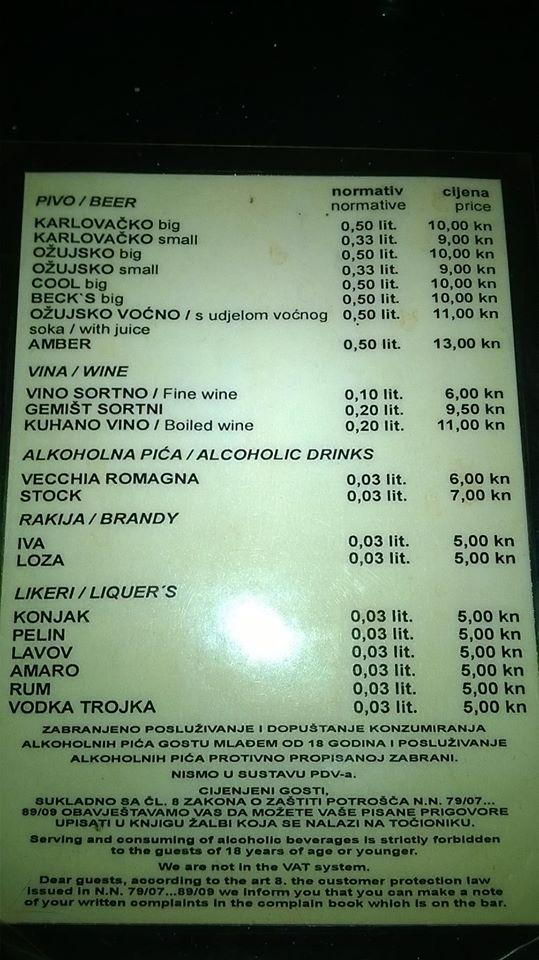 Menu at Caffe Bar Džafer, Karlovac