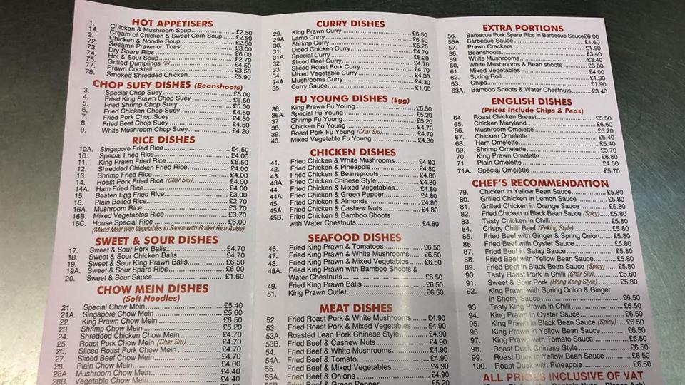 Menu at Happy Dragon fast food, Gravesend