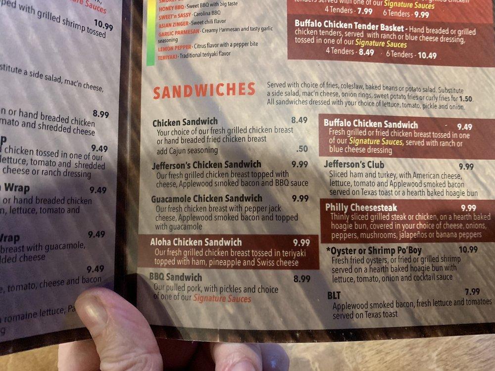 Menu at Jefferson's restaurant, Rainbow City