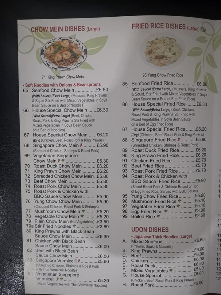 Menu at Oriental restaurant, Overton