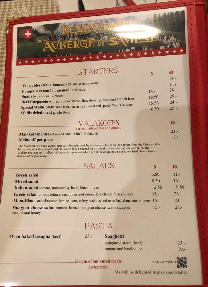 Menu at Auberge de Savièse, Geneva