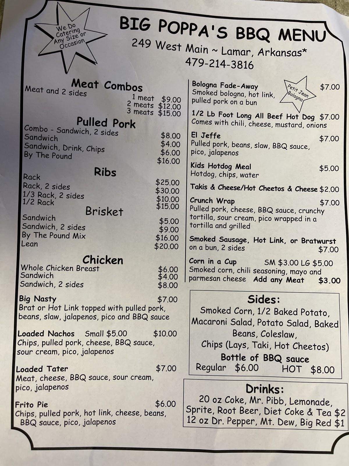 Menu at Big Poppa's BBQ, Lamar