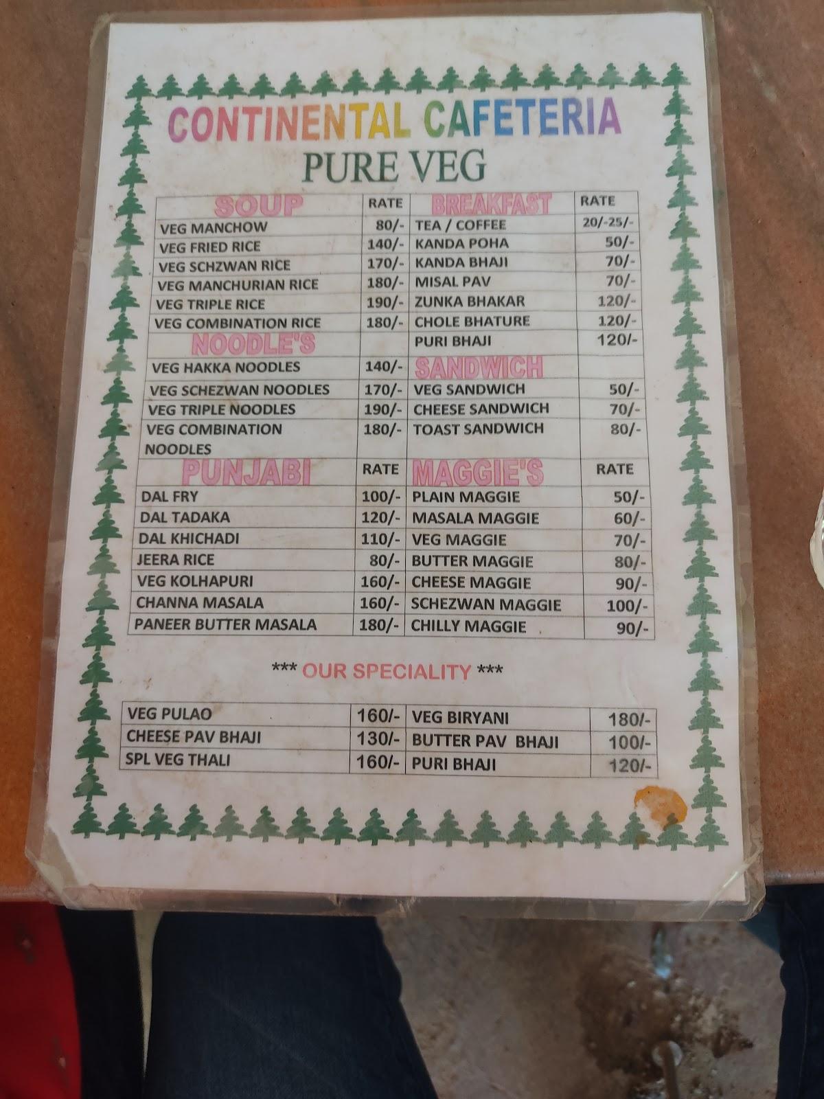 Menu at Continental cafeteria, Matheran