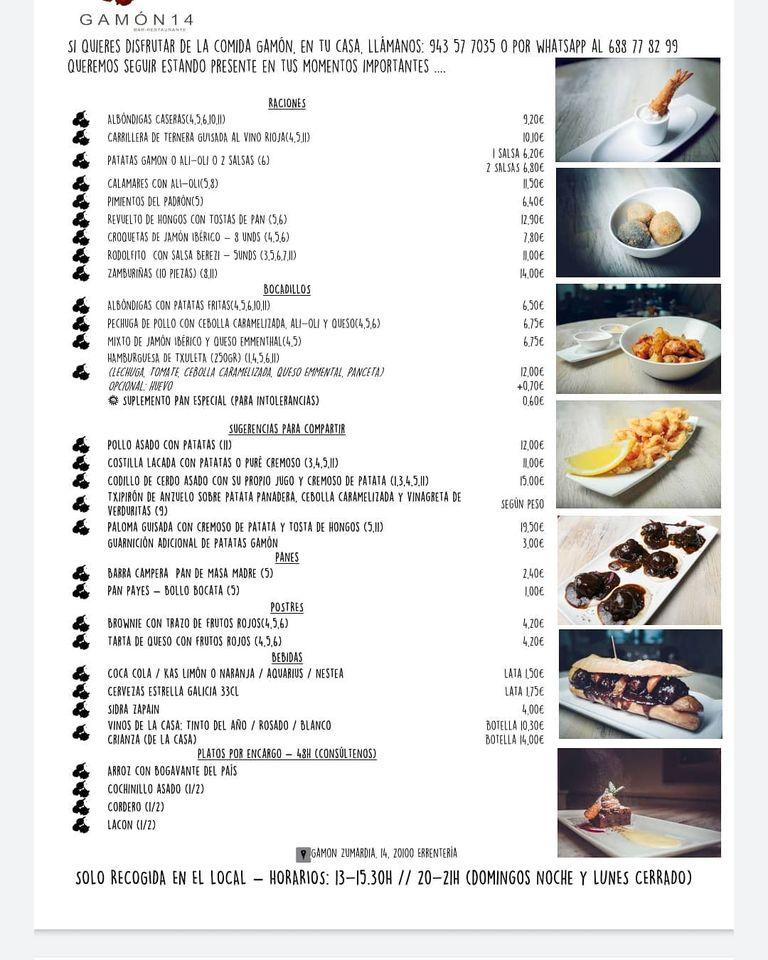 Carta del pub y bar Gamon 14 Taberna Jatetxea, Rentería