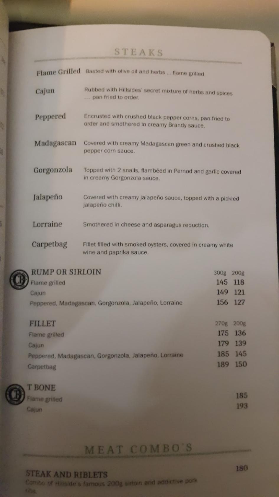 Menu at Hillside Tavern restaurant, Pretoria, 320 The Hillside St