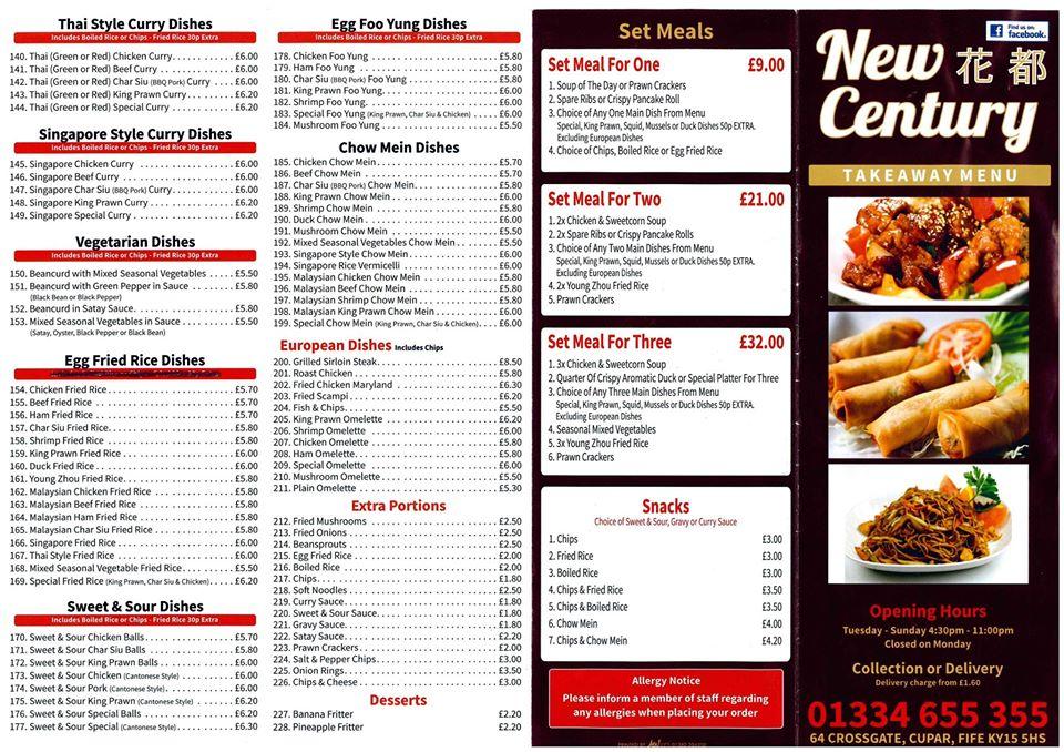 Menu at New Century Chinese Restaurant, Cupar