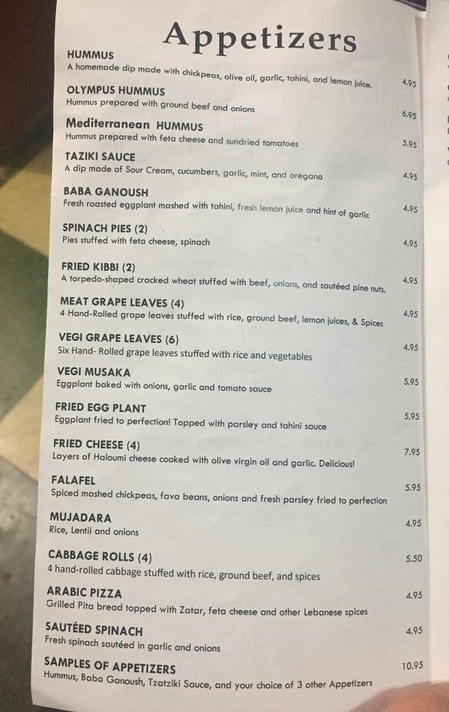 Menu at Olympus restaurant, New Iberia