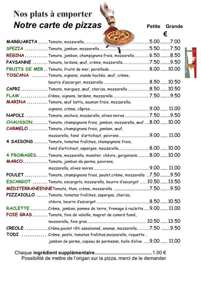 Menu au Pizzeria Carmélo, Contrexéville, 150 Rue Ernest Daudet