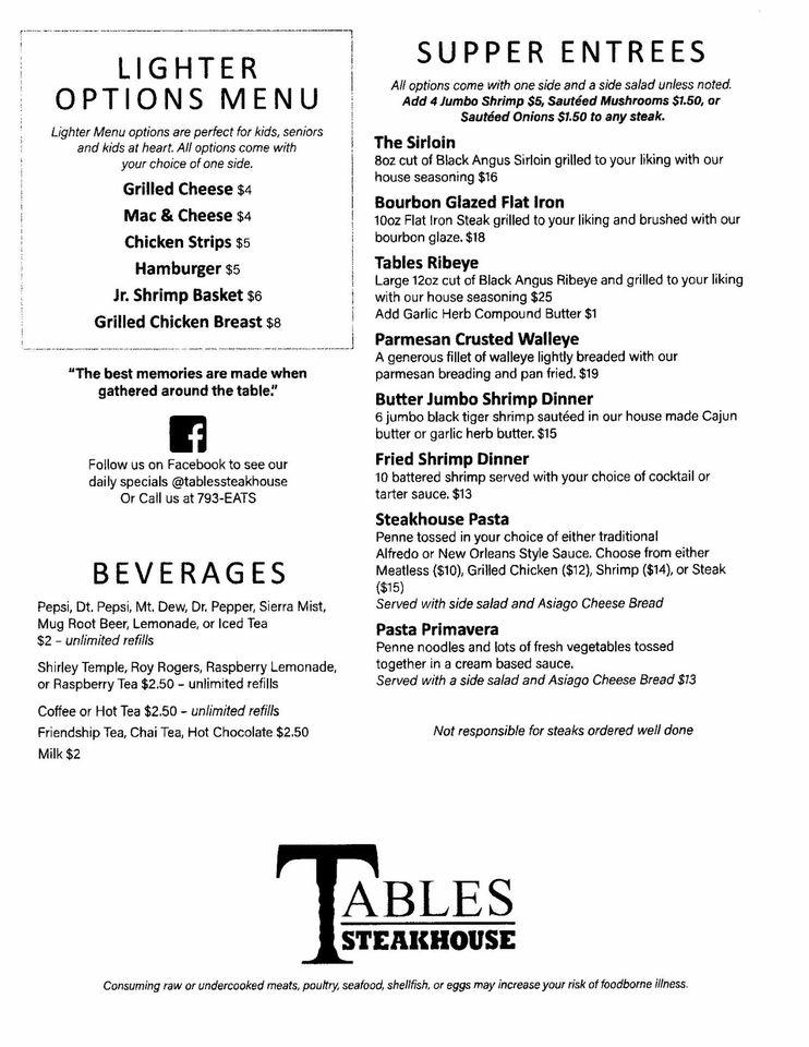 Menu at Tables Steakhouse, Castlewood
