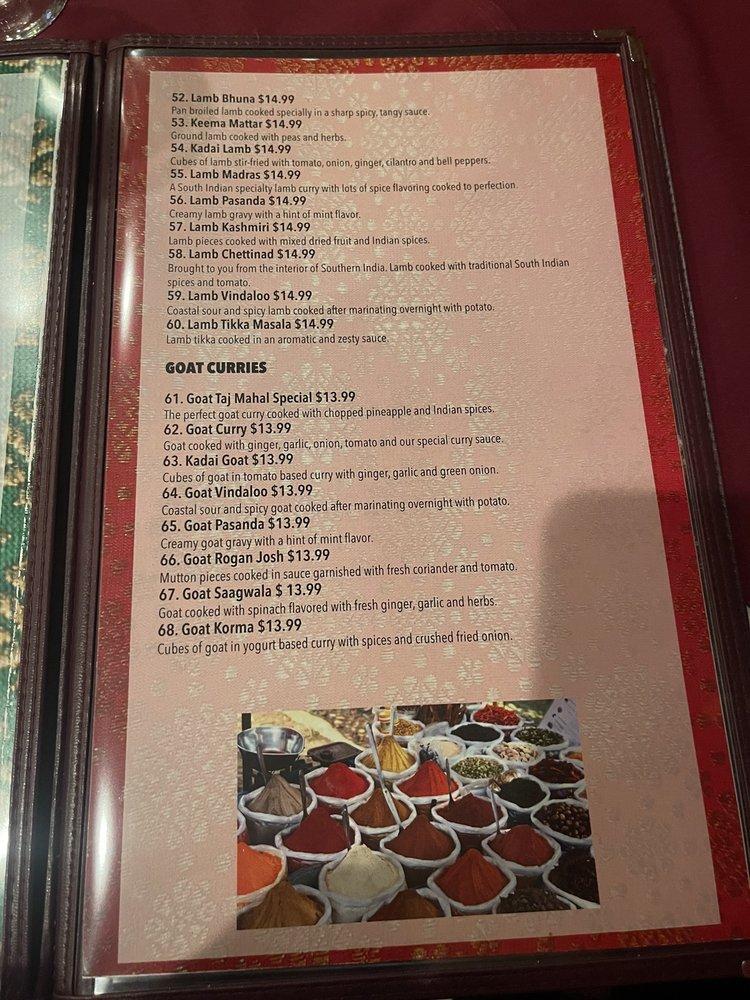 Menu at Taj Mahal Grill restaurant, Kennesaw