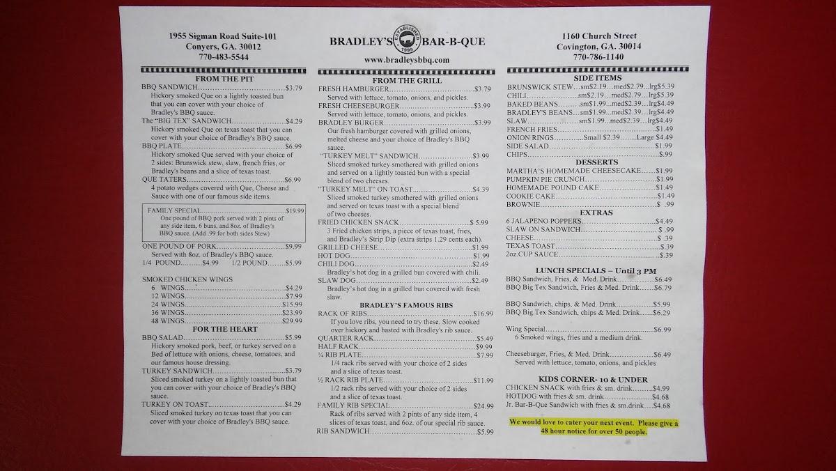 Menu at Bradley's Real Pit Barbecue, Covington
