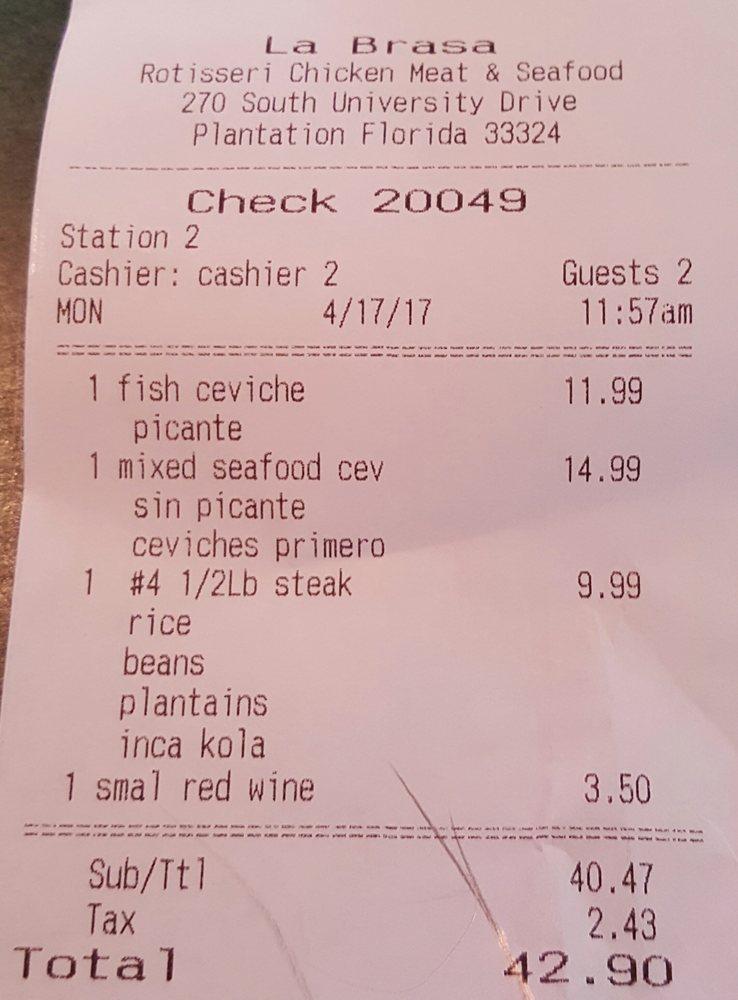 Menu at La Brasa Plantation restaurant, Plantation, 270 S University Dr