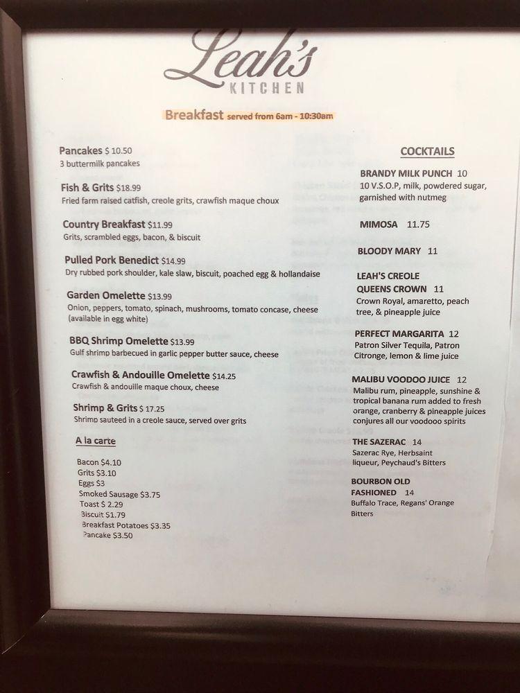 Menu at Leah's Kitchen restaurant, Kenner, 1 Terminal Dr