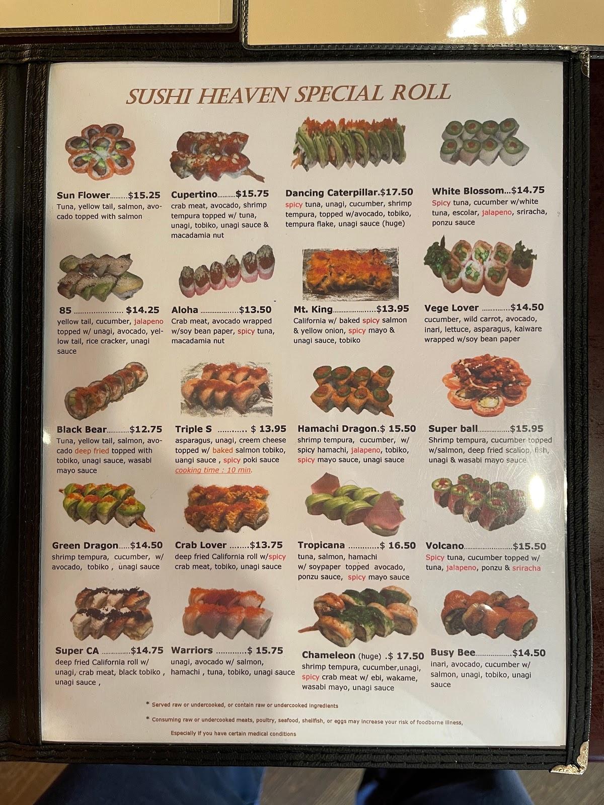 Menu at Sushi Heaven restaurant, Saratoga