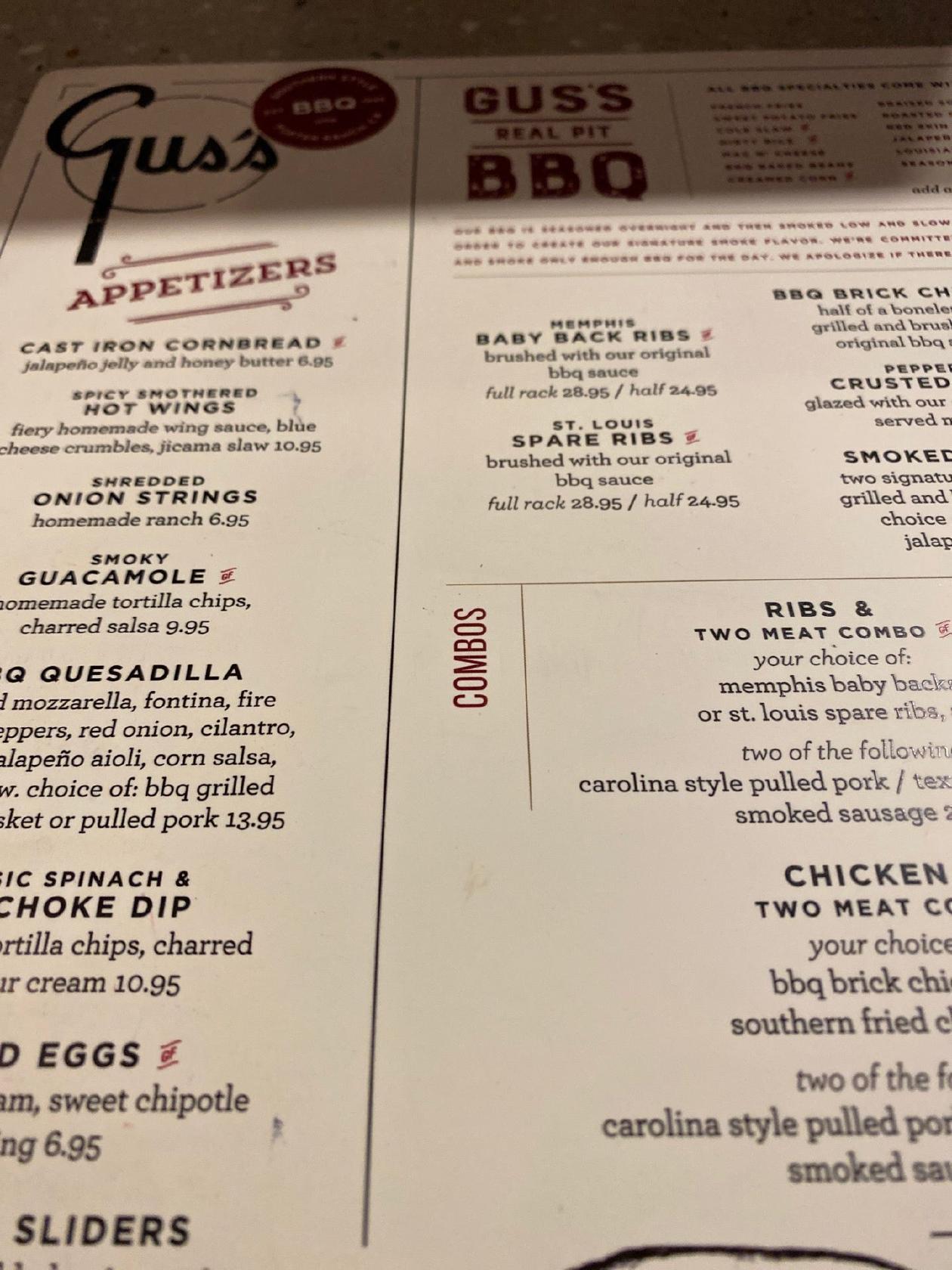 Menu at Gus's BBQ, Los Angeles, The Vineyards at 20179