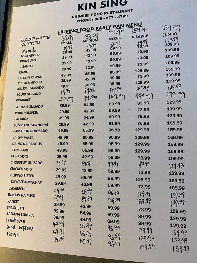 Menu at Kin Sing Chinese Fast Food, Waipahu
