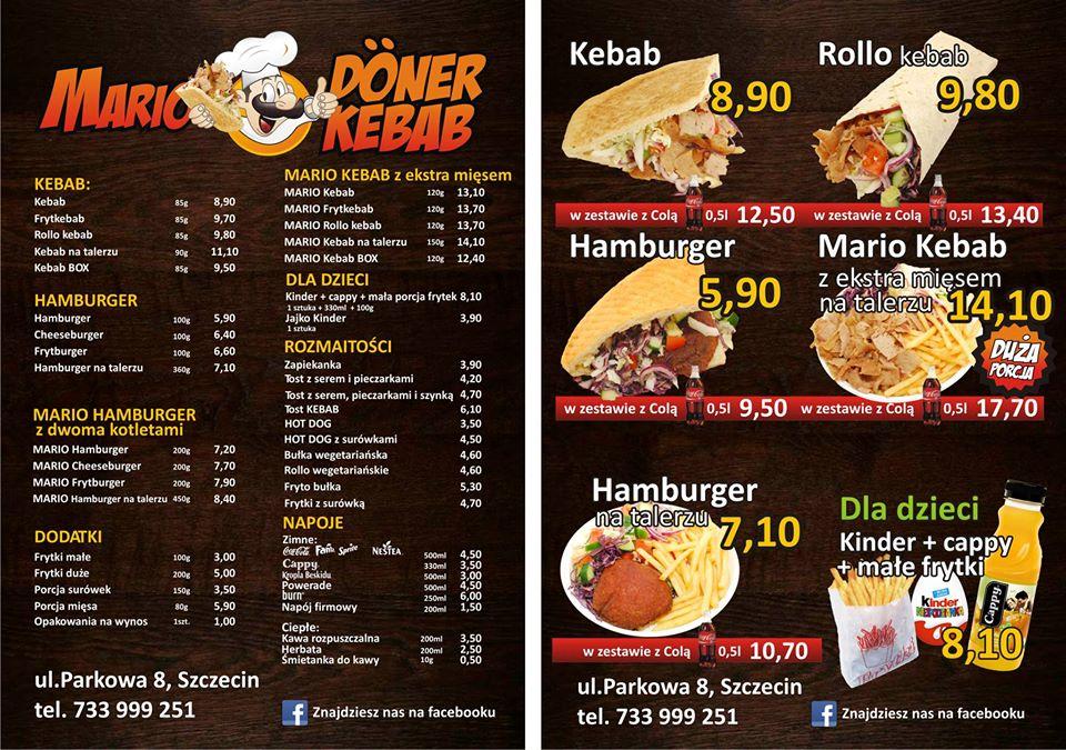 Menu at Mario Döner Kebab restaurant, Szczecin