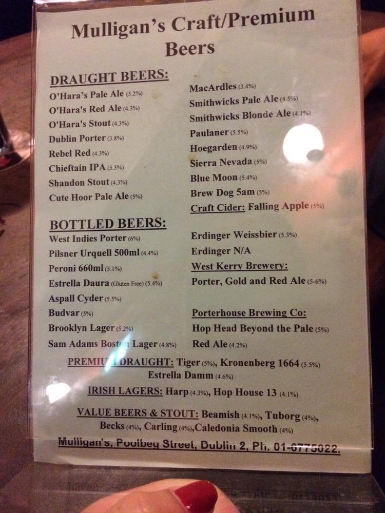 Menu at Mulligan's pub & bar, Dublin