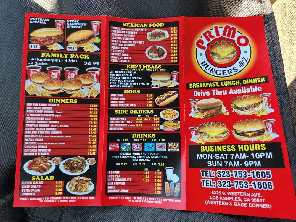 Menu at Primo Burgers restaurant, Los Angeles, S Western Ave