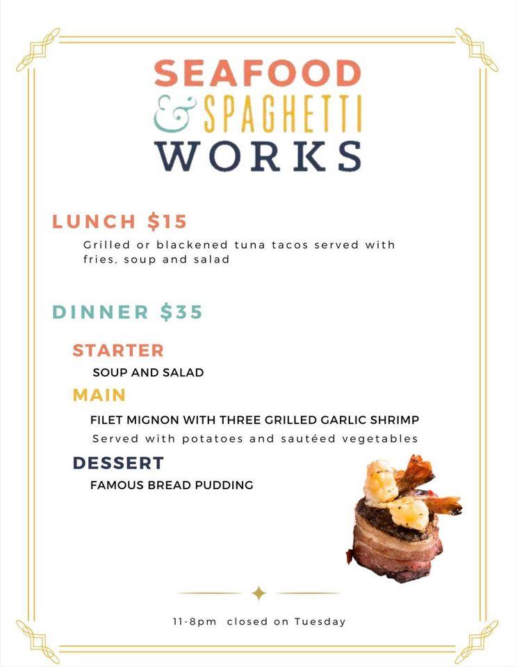 Menu at Seafood & Spaghetti Works restaurant, Port Aransas