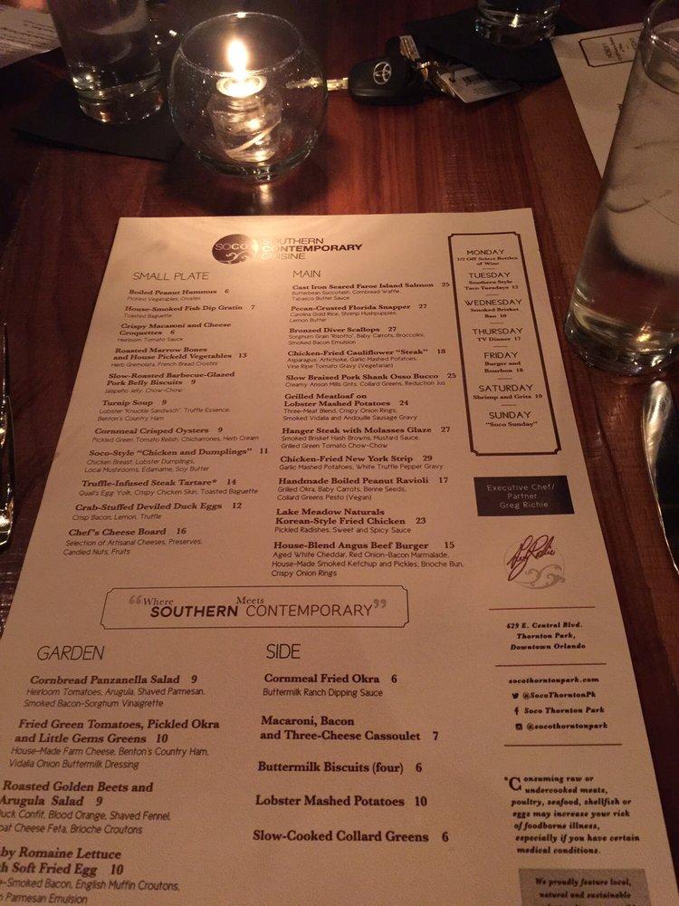 Menu at Soco Restaurant, Orlando