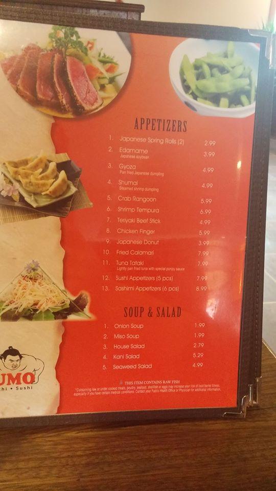Carta del restaurante Sumo, Steubenville