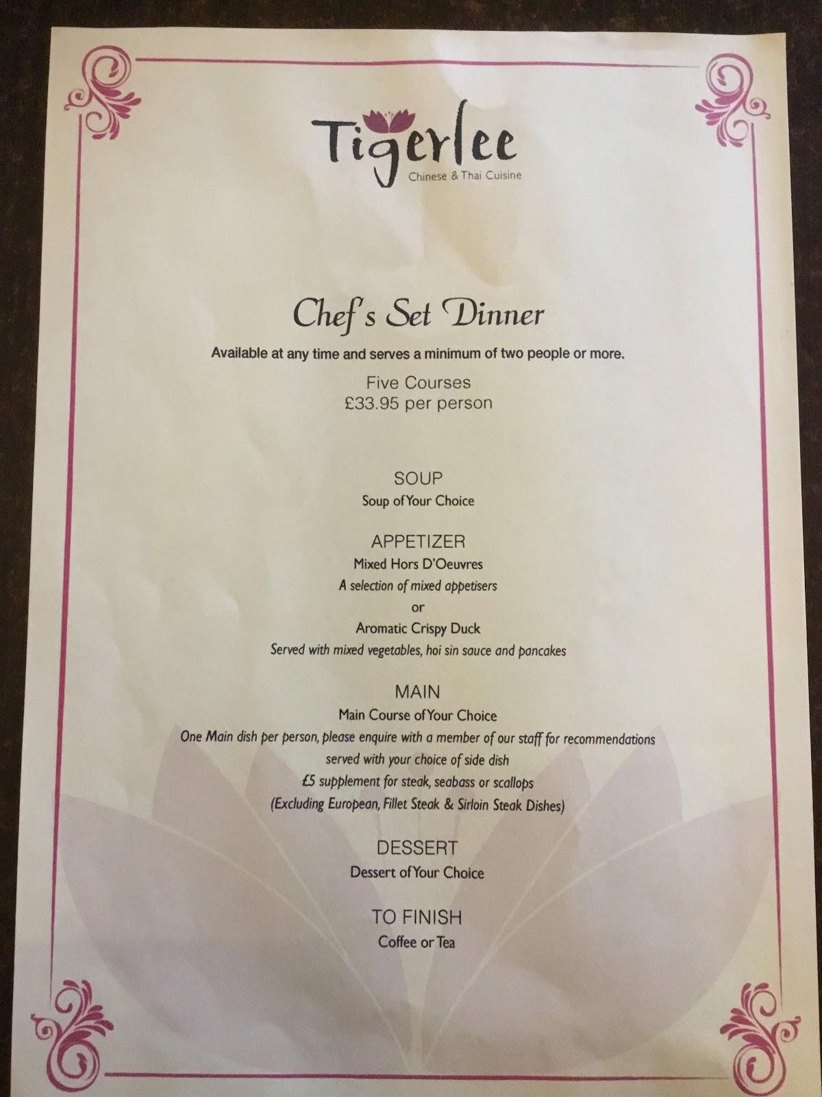 Menu at Tiger Lee restaurant, Glasgow