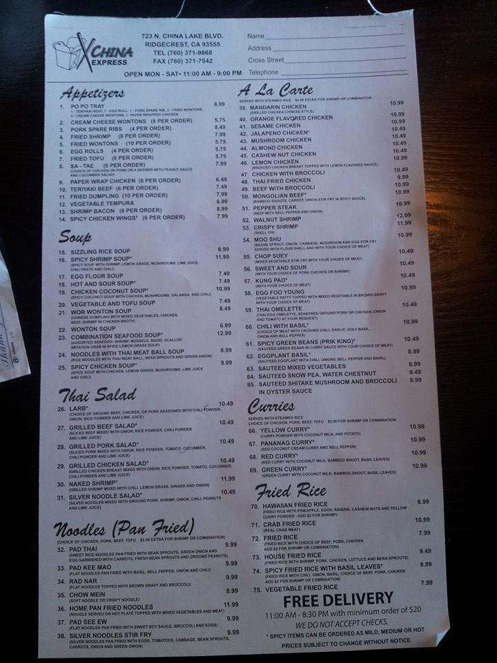 Menu at China Express restaurant, Ridgecrest, 723 N China Lake Blvd
