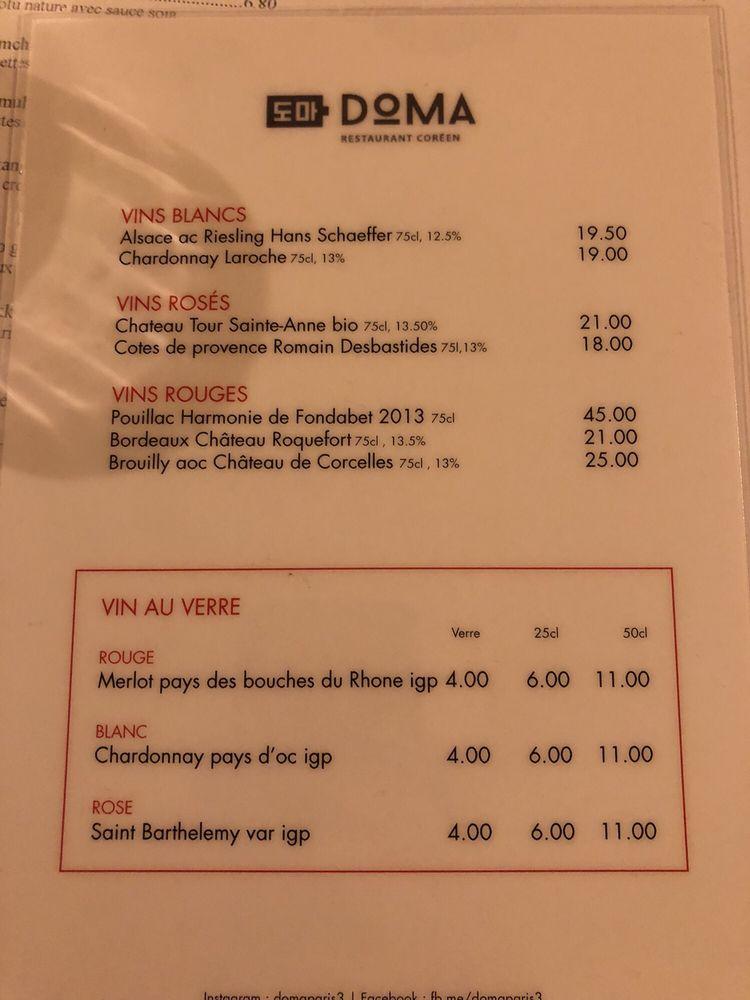Menu at Doma restaurant, Paris