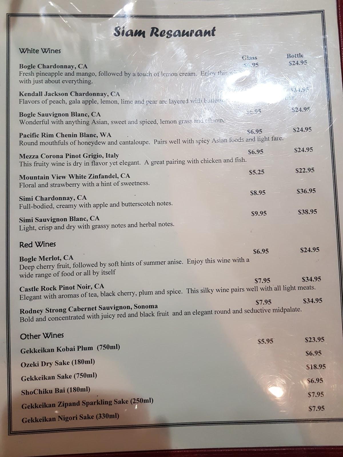 Carta del restaurante Siam Garden, Charlotte