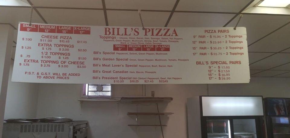 Menu at Bill's Pizza restaurant, Morris