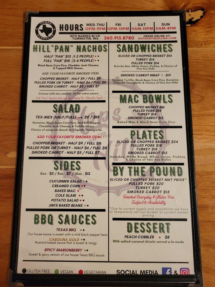 Menu at Hops on the Hill pub & bar, Tumwater
