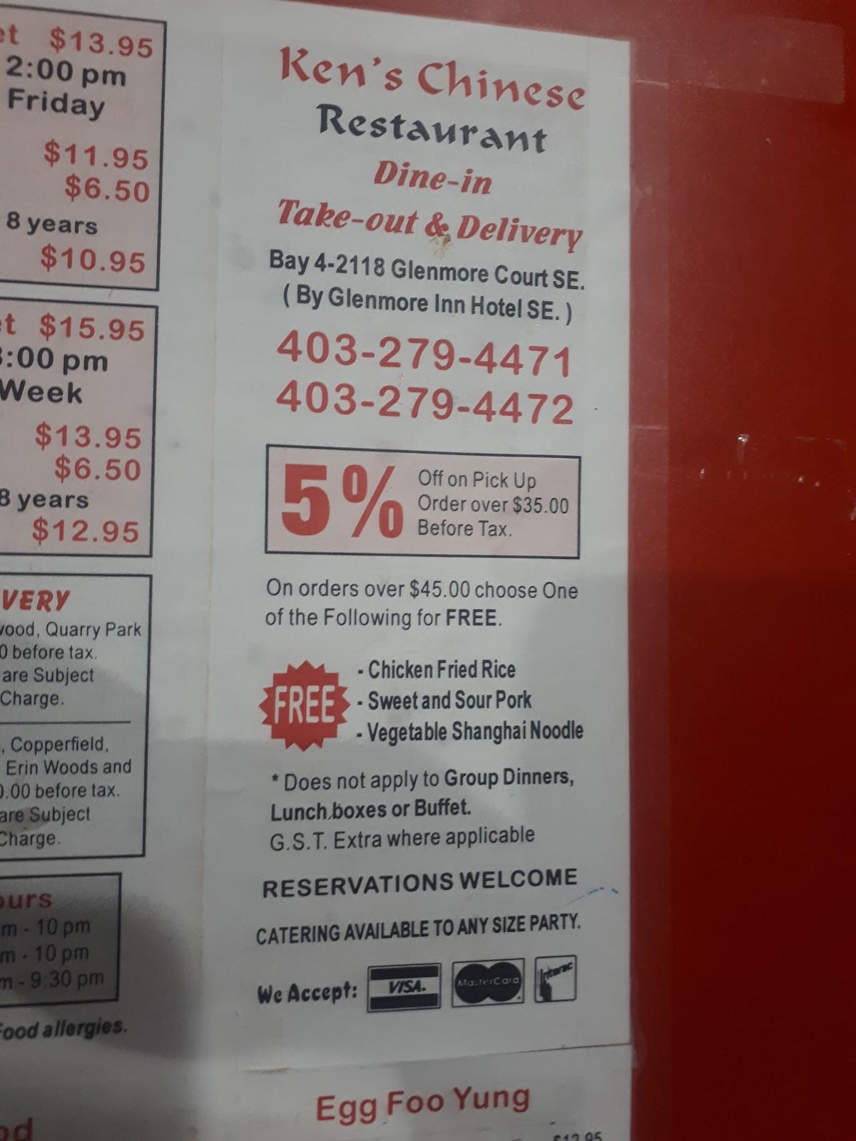 Menu at Ken's Kowloon Kitchen restaurant, Calgary
