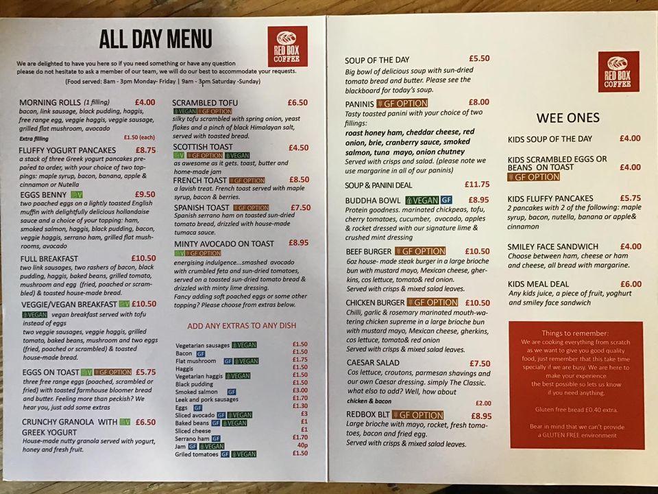 Menu at RedBox Marchmont cafe, Edinburgh