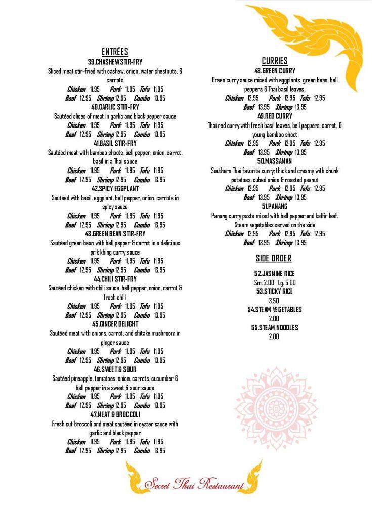 Menu at Secret Thai Restaurant, Chalmette