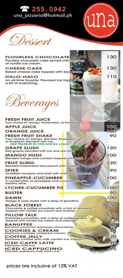 Menu at UNA Pizzeria, Sorsogon City